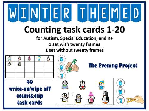 Winter themed counting task cards 1-20 write-on/wipe-off/count&clip ...