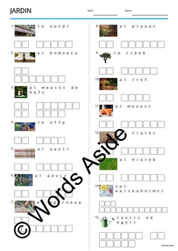 Spanish Vocabulary Worksheets Cards Crossword Word Search Anagram GARDEN