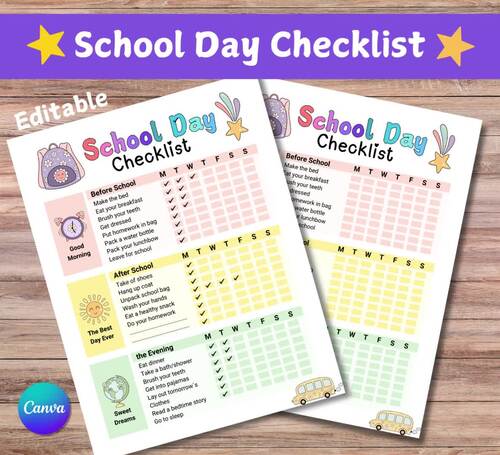 School day Checklist, Kids School Day Checklist, Daily School Checklist ...