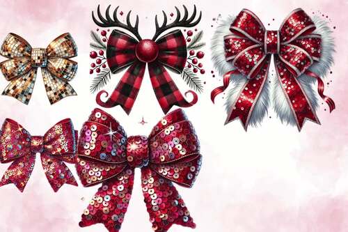 Coquette Christmas Bows Clipart, Green and Red Watercolor Bow Clipart ...