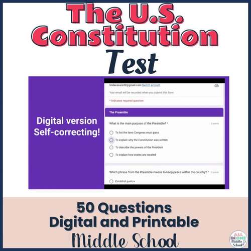 U.S. Constitution Test | Digital Self-Correcting & Printable | Civics ...