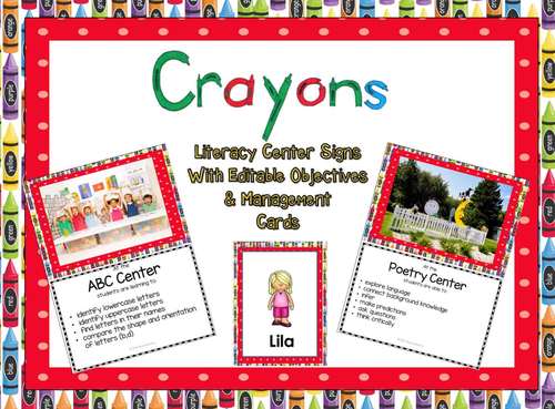 Crayon Theme | Literacy Center Signs With Editable Objectives | Center ...