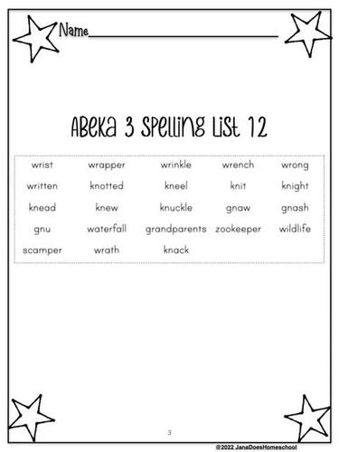 Abeka Spelling & Poetry 3 List 12 - Spelling Practice with -wr, -kn, -gn