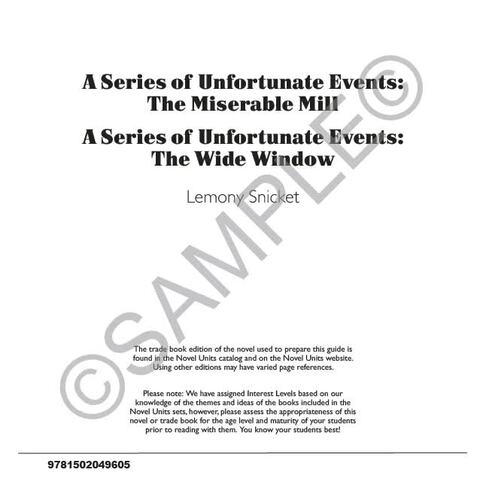 A Series of Unfortunate Events: The Miserable Mill Novel Units® Student ...