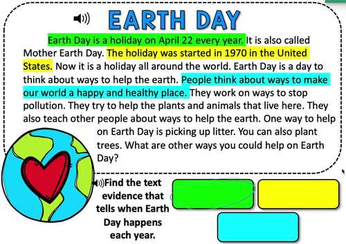 Earth Day Finding Text Evidence Reading Comprehension Boom Cards