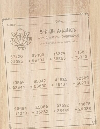 Thanksgiving Turkey 5 Digit Addition Worksheets With & Without Regrouping