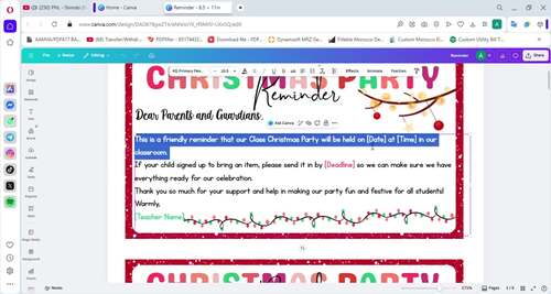 Editable Christmas Party Reminder Letter For Parents | Classroom ...