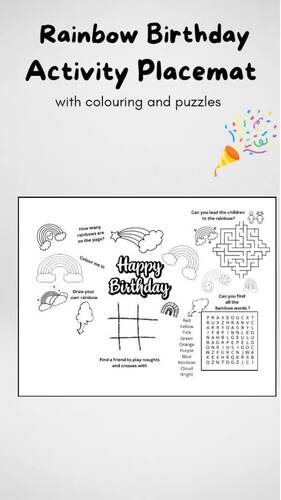 Rainbows Birthday Party Activity Placemat, Coloring Sheet, Activity ...