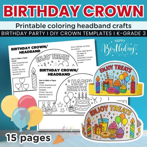 Birthday Coloring Crowns & Headbands, DIY Craft Templates, Birthday ...