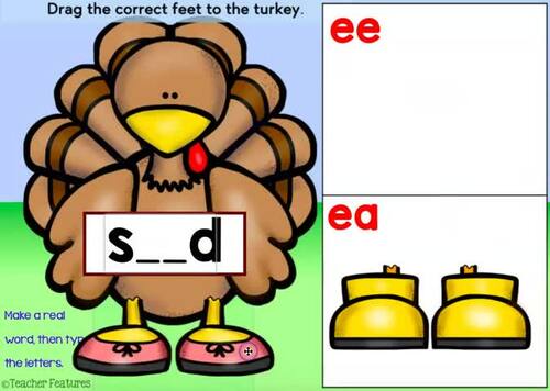 THANKSGIVING TURKEY SHOES Vowel Teams EE / EA Boom Cards by Teacher ...