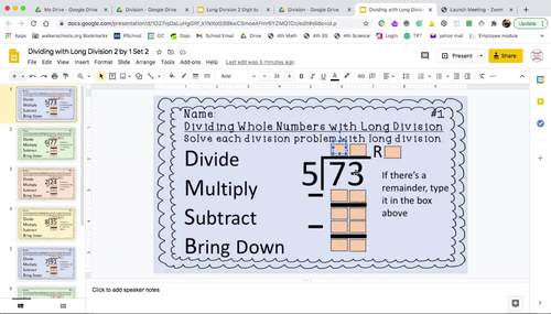 Dividing with Long Division Digital Task Cards Google Classroom™ 2 by 1