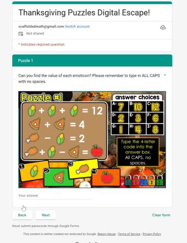 Thanksgiving Logic Picture Puzzles Digital Math Escape Room Activity