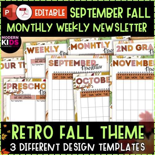 EDITABLE Month & Week September Retro Fall Theme Newsletter Templates