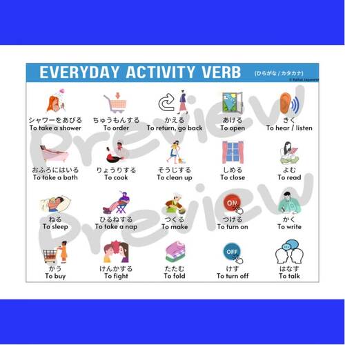 Japanese: Everyday Activity Verb (Classroom Poster) by Kaikai Japanese