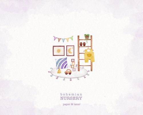 Watercolor BOHO Nursery Clipart, Bohemian Baby Room Decor PNG Graphics