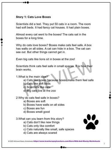 Inside the Mind of a Cat: Pre-GED Reading (2nd-3rd grade level) | TPT