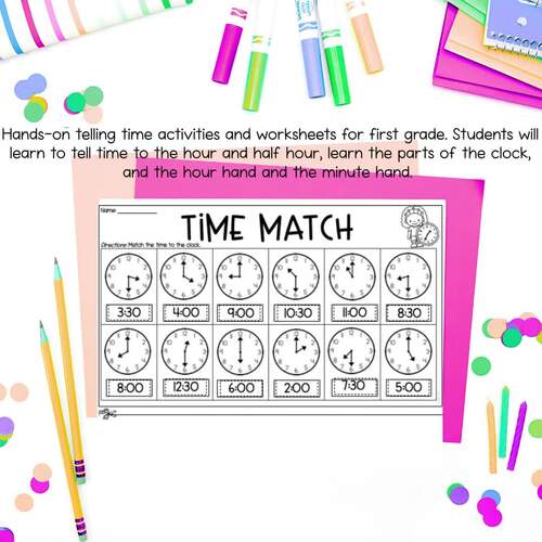 1st Grade Math Telling Time Worksheets Time to the Hour & Half Hour