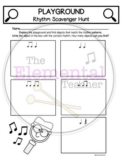 No Prep Rhythm Scavenger Hunt Music Worksheets School Themed | TPT