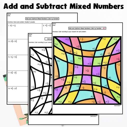 Add and Subtract Mixed Numbers Color by Number 5th Grade NO PREP