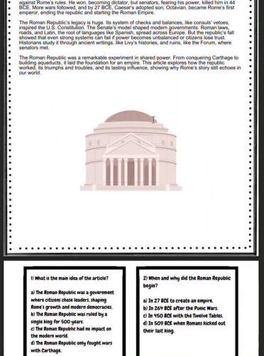Roman Republic Close Reading Comprehension Task Cards Ancient Rome