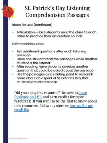 St. Patrick's Day Listening Comprehension Passages Auditory Memory ...