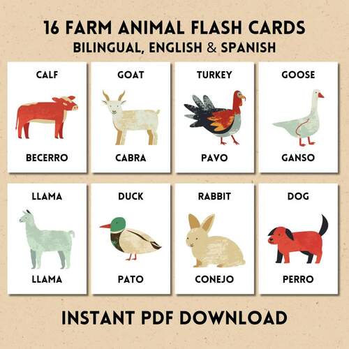 Bilingual Flash Cards ESL Spanish Farm Animals Theme by LibrarianCorner