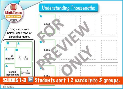 Thousandths as Decimals & Fractions MATCHING: 15 PPT / Google Slides 5B16