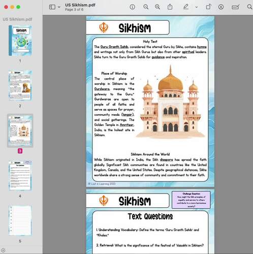 Sikhism || World Religions || Guided Reading Comprehension || Text & Qs