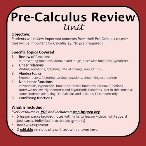 Calculus 12 Introduction Unit: Review of Pre-Calculus | No prep! Answer ...