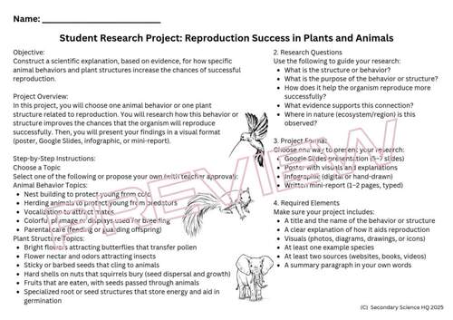 Animal Behaviors & Plant Structures for Reproduction Project and Worksheets