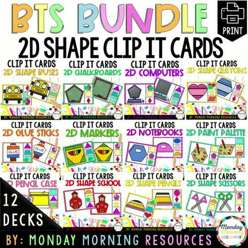 Kindergarten Clip it Cards Bundle -2D Shape Back to School Math Centers