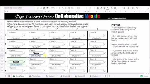 Slope Intercept Form, MLK Google Sheets Collaborative Mosaic by CalfordMath