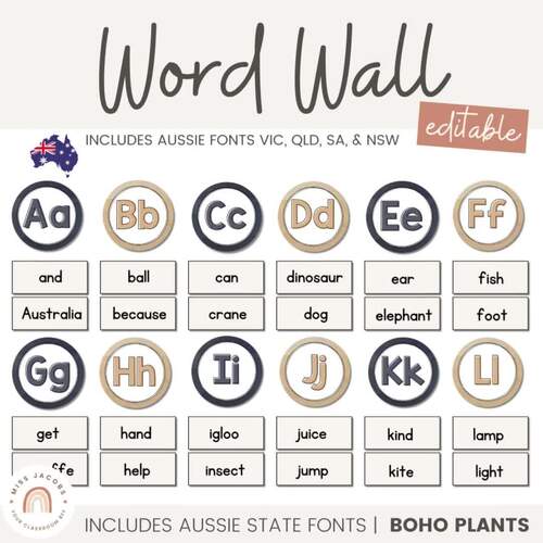 Alphabet Word Wall | Boho Plants Rustic Classroom Decor | Editable