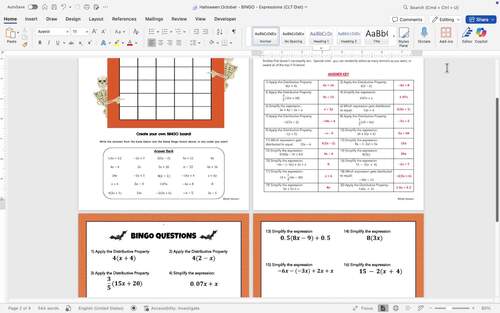 6th/7th/8th Grade Math Halloween Game Algebraic Expressions Review Activity