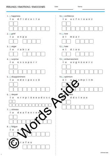 Spanish English Bilingual Worksheets Puzzles Games EMOTIONS by Words Aside
