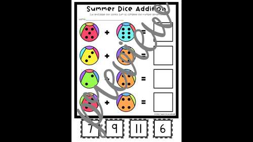 Summer NO PREP Cut and Paste Dice Addition to 12 Math Center Activity