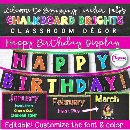Chalkboard Brights Classroom Decor: Editable Happy Birthday Display