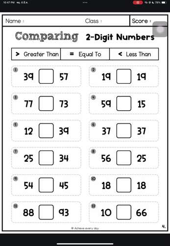 Comparing 2-Digit Numbers | Greater Than, Less Than, Equal To | Worksheets.
