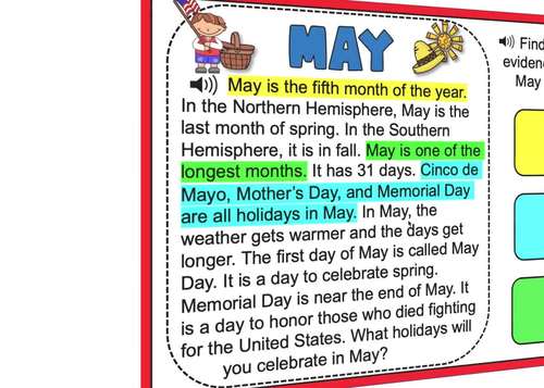 May Finding Citing Text Evidence Reading Boom Cards Task Cards with Audio