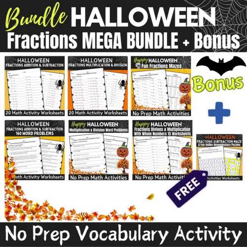 Halloween Math Fractions Bundle Exercises and Word Problems + Free Bonus