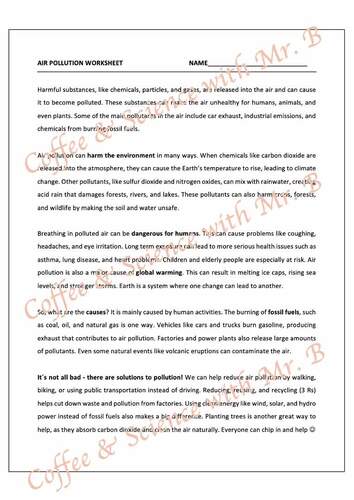 Air Pollution Comprehension Worksheet for Grades 5-7 – Answers & Extensions