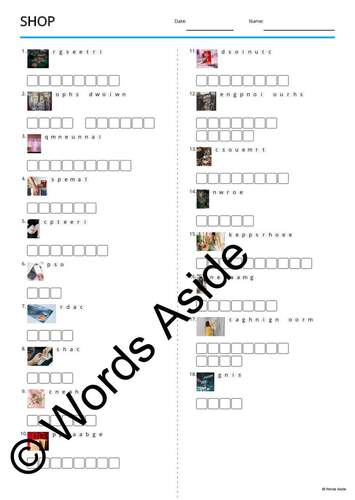 English Vocabulary Worksheets Cards Word Search Anagram SHOP by Words Aside
