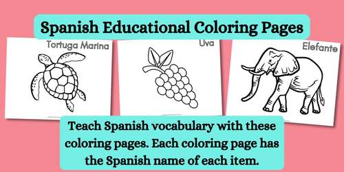 Spanish Educational Coloring Pages Bundle to teach Spanish Vocabulary Words