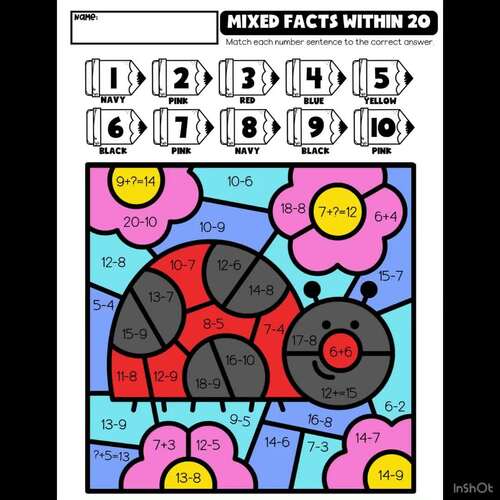 Color-by-Skill Spring Themed Add and Subtract within 20 Coloring Activities