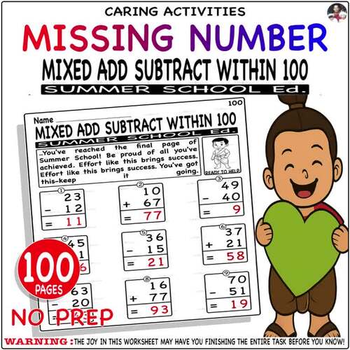 Addition & subtraction fluency within 100 missing number - Summer ...