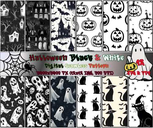 12 Black and White Halloween Digital Seamless Patterns, JPG and PDF ...