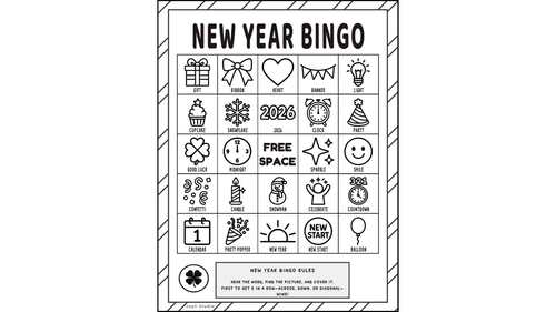 New Year Bingo – B&W Classroom Edition | 30 Cards + Calling Cards | A4 ...