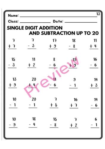 Single Digit Addition and Subtraction Up To 20 Worksheets by RED Sheets