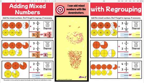 Add Mixed Numbers with Like Denominators Pixel Art Activity - with ...