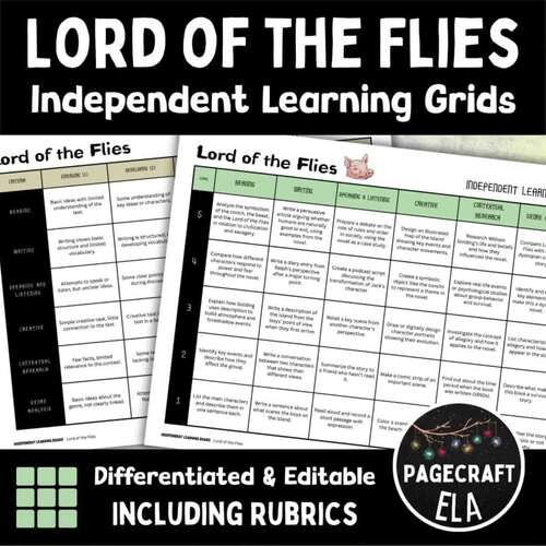 Lord of the Flies Independent Study Grids of Activity Choices with Rubric
